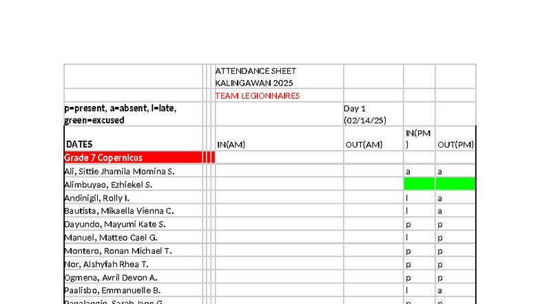 Grade 7-12 Attendance Sheet for Team Legionnaires (Kalingawan 2025 ...