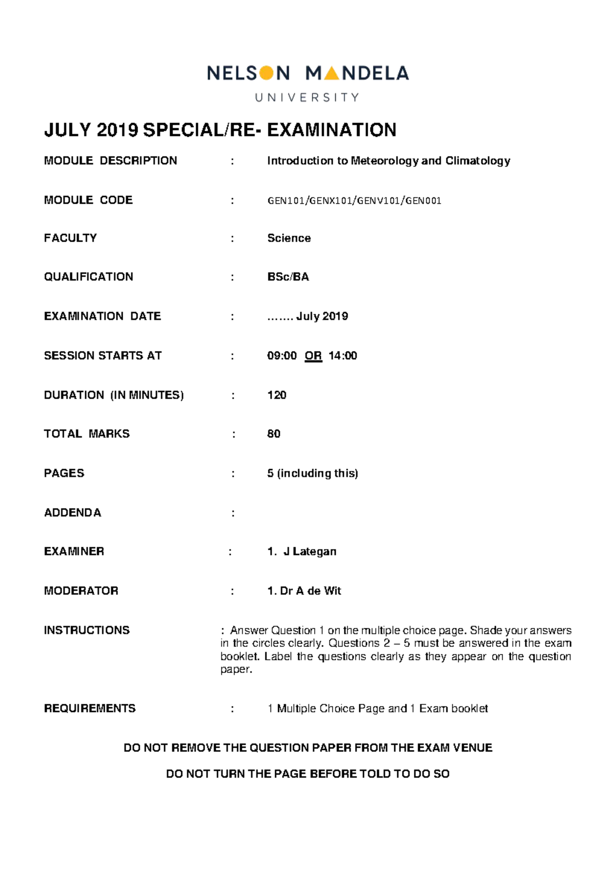 July 2019 Exam: GENV101 Introduction to Meteorology & Climatology - Studocu