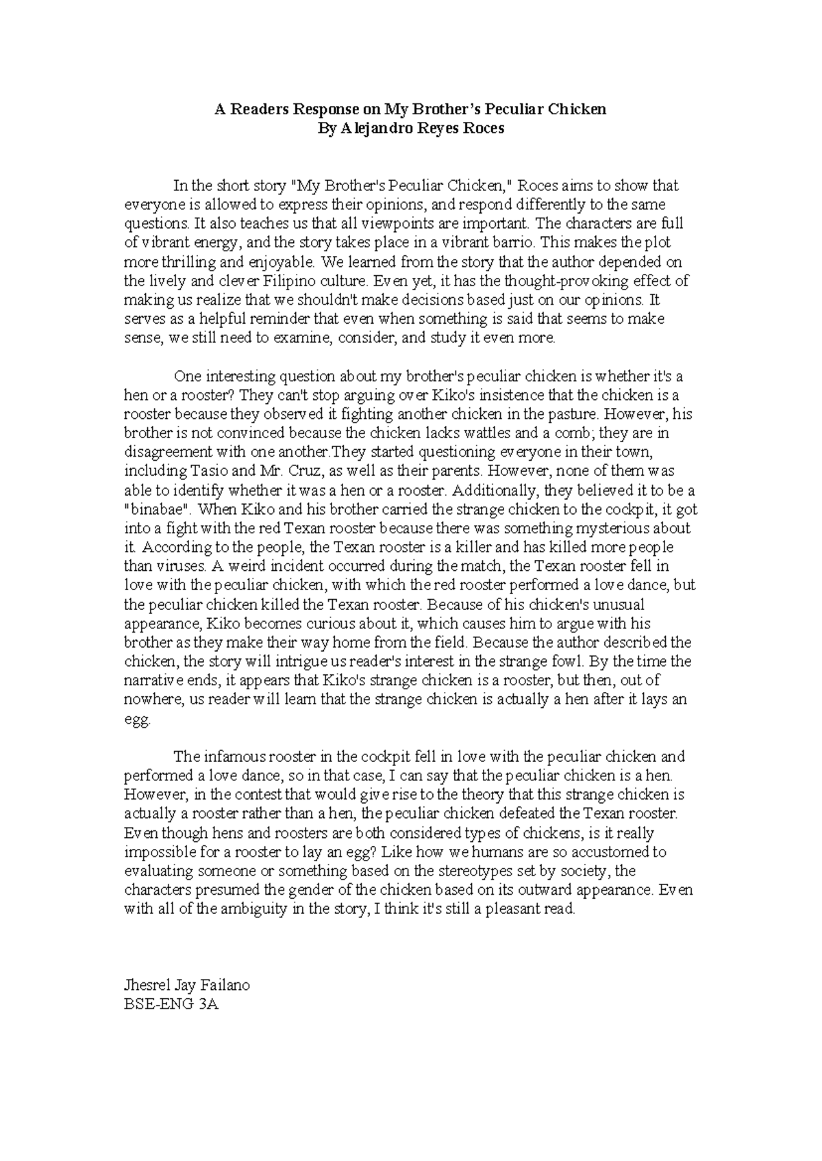 A Readers Response on My Brother - It also teaches us that all ...