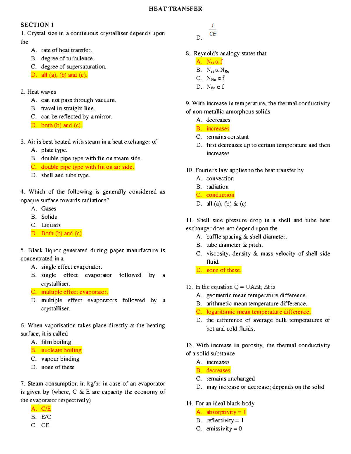 Heat Transfer MCQs - SECTION 1 Crystal size in a continuous ...