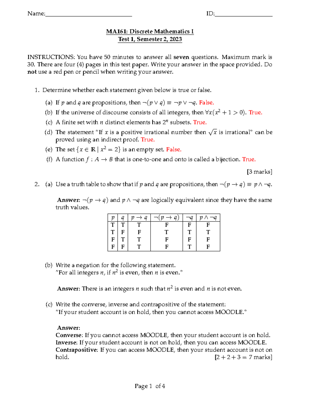 2023 Test 1 - Sol - 2023 MST solution - Name: ID: MA161: Discrete ...