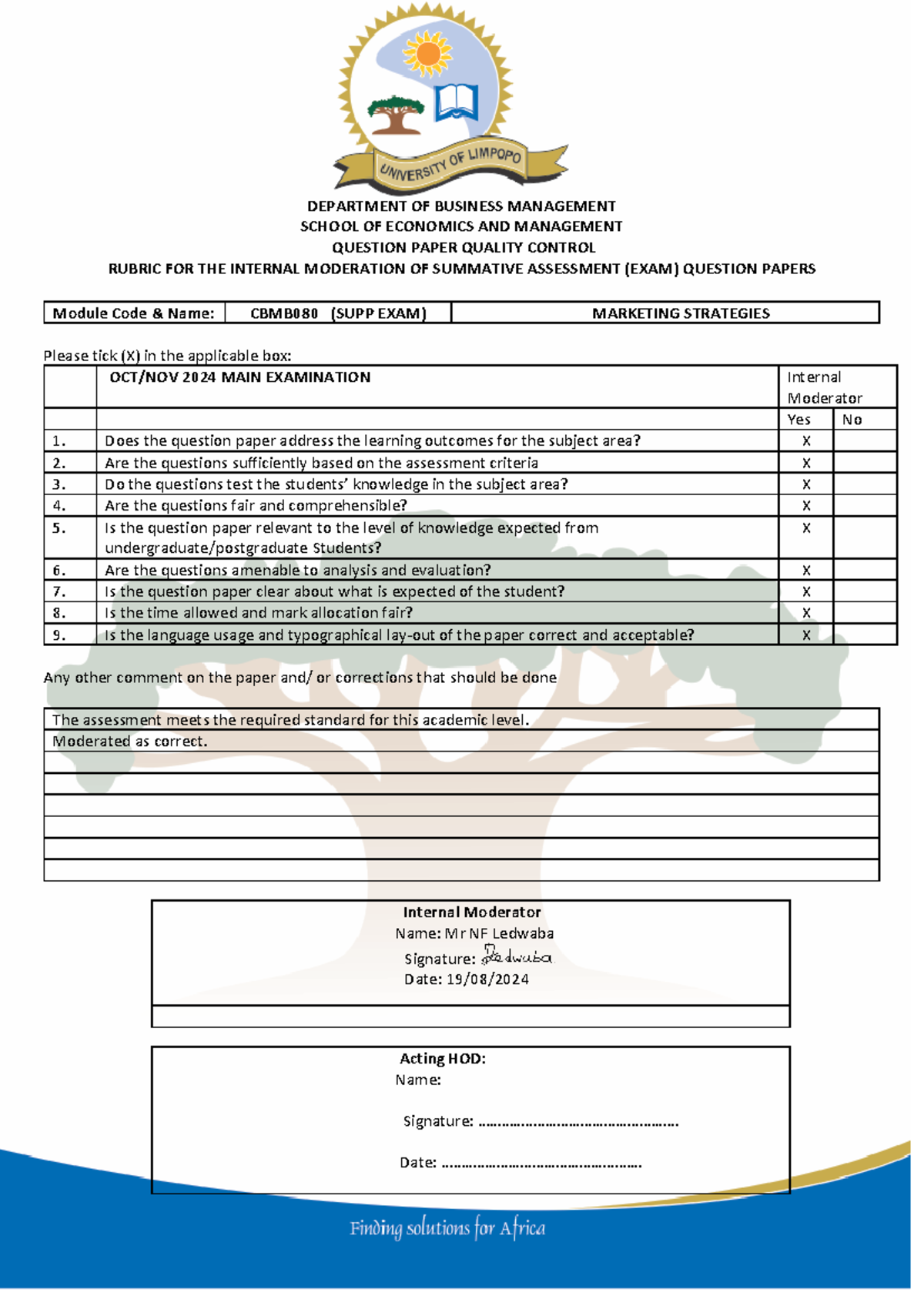 SUPP EXAM Internal Moderation Form for CBMB 080 Marketing Strategies ...