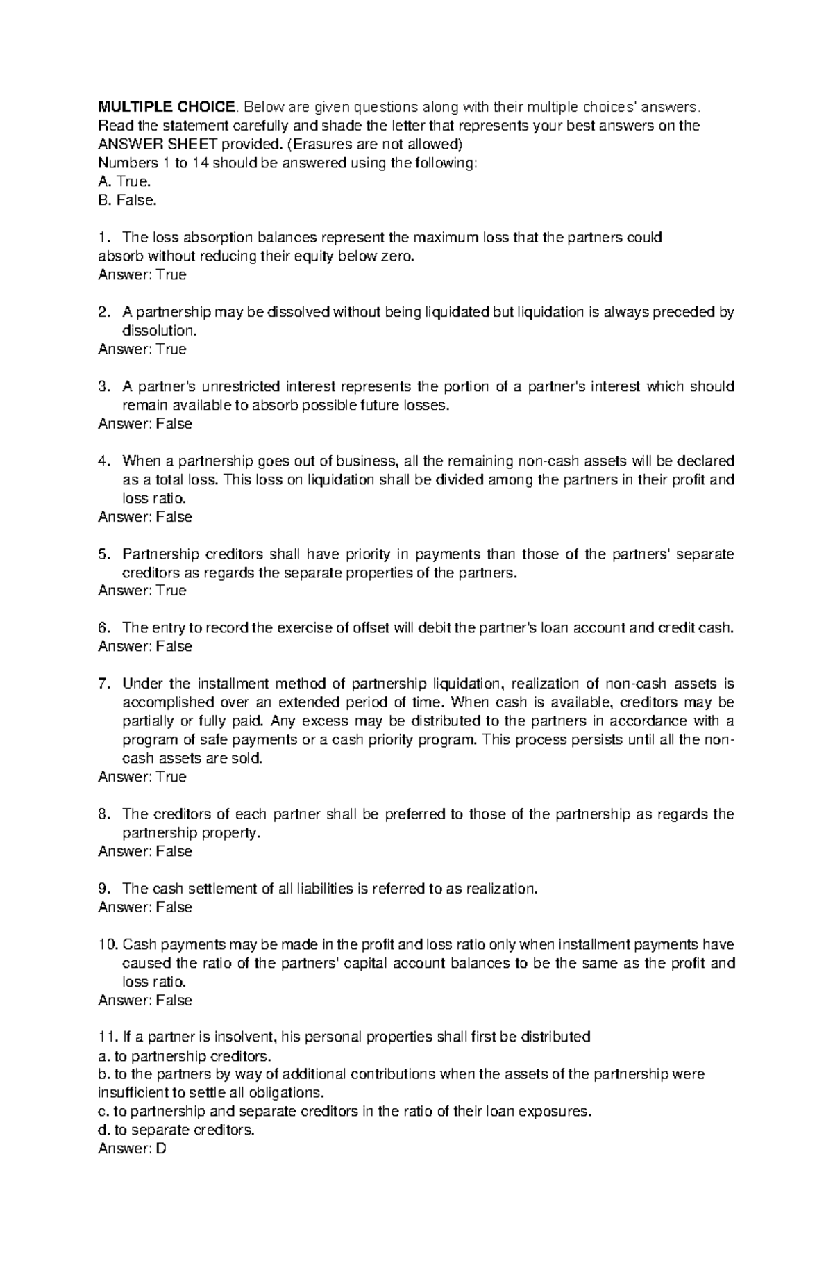 Module 5 Answer Key: MCQ on Partnership Liquidation Concepts - Studocu