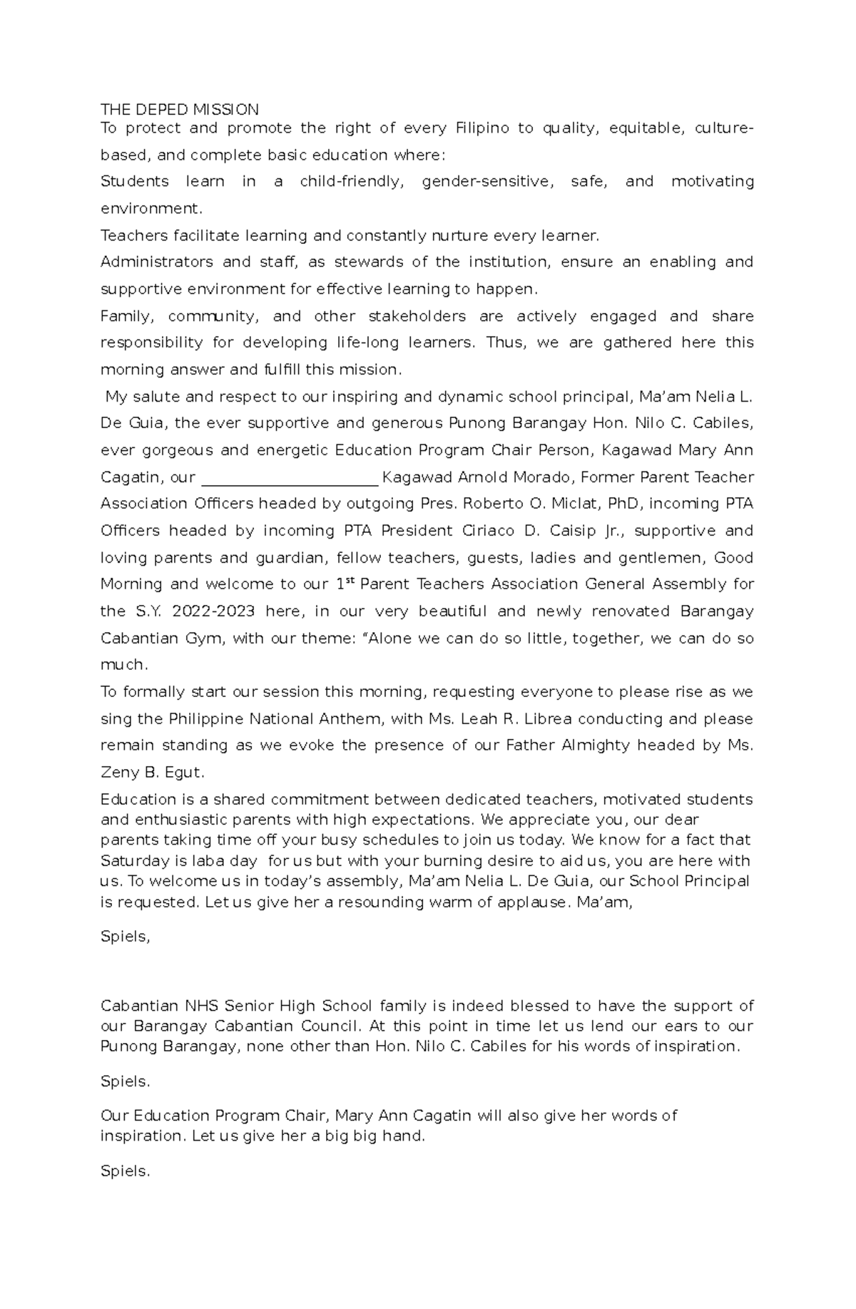 Script-PTA- Meeting - hhh - THE DEPED MISSION To protect and promote ...