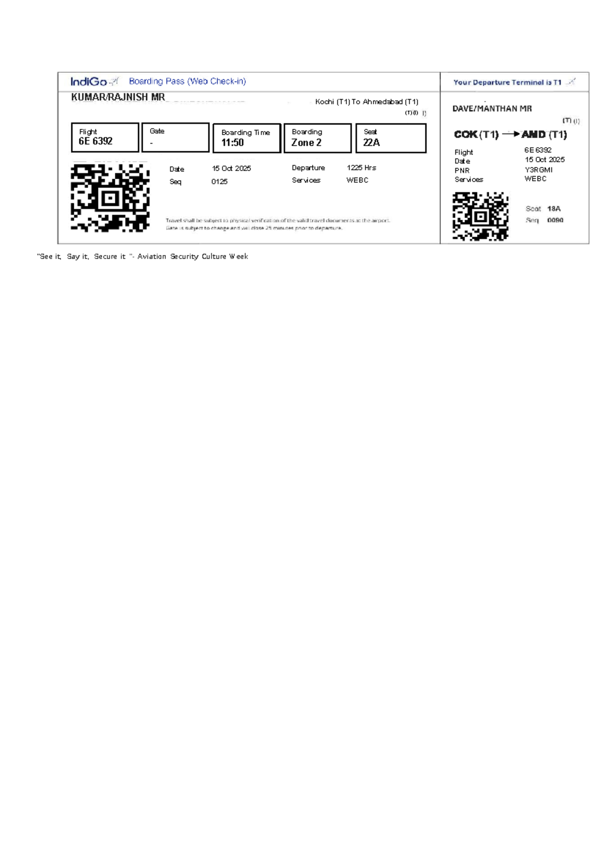 Boarding Pass Details: Kochi (T1) to Ahmedabad (T1) Flight 6E 6392 ...