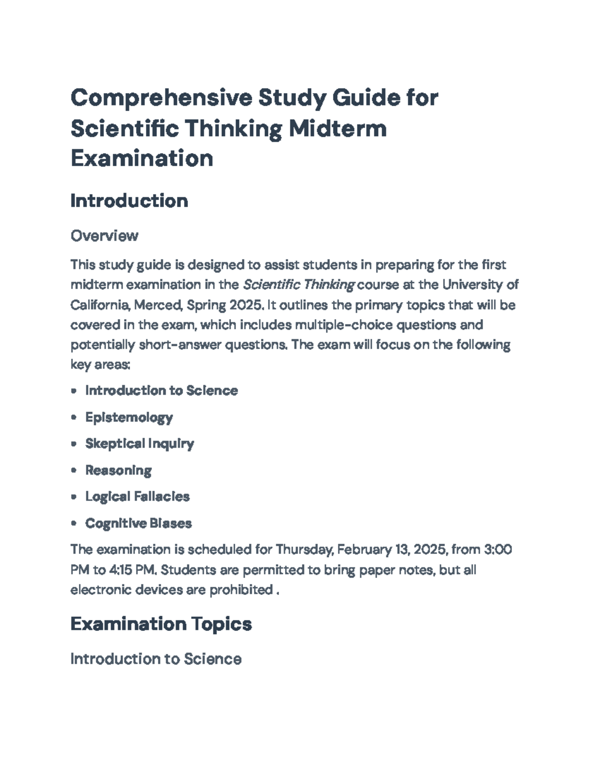 Scientific Thinking Midterm Exam Study Guide - Spring 2025 ...
