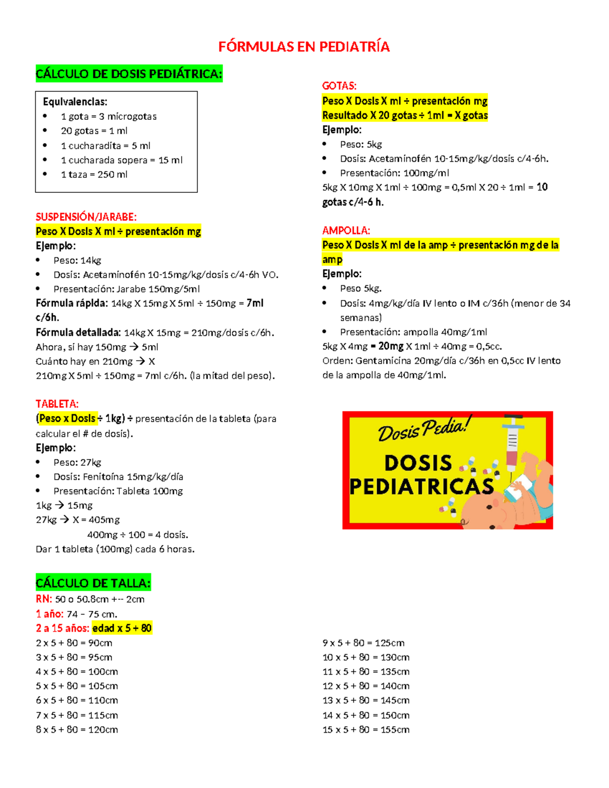 Cálculo de Dosis y Fórmulas en Pediatría - FÓRMULAS EN PEDIATRÍA - Studocu