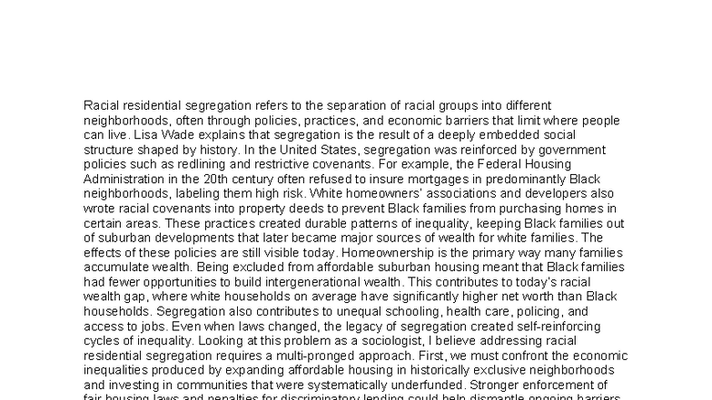 SOC 101 Assignment - Understanding Racial Residential Segregation - Studocu