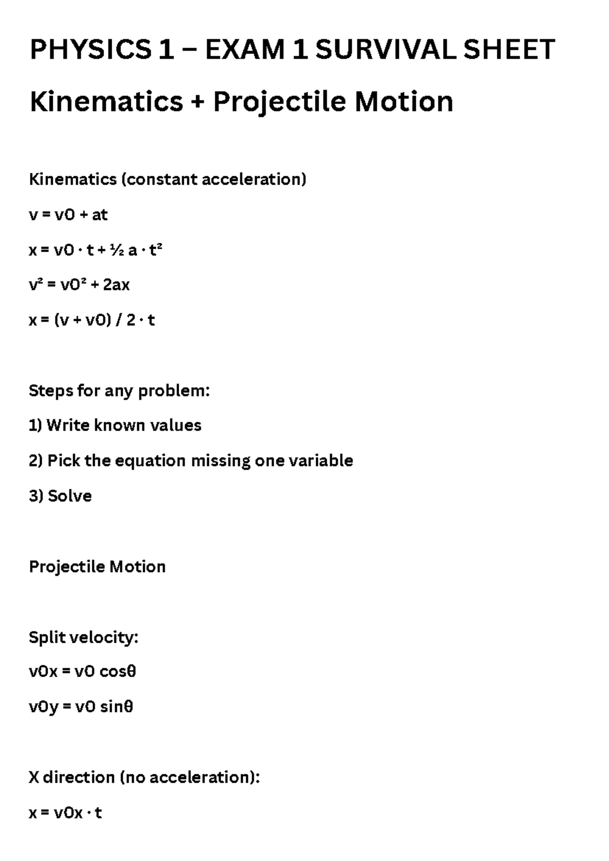 PHYSICS 1 EXAM 1 CHEAT SHEET: Kinematics & Projectile Motion - Studocu
