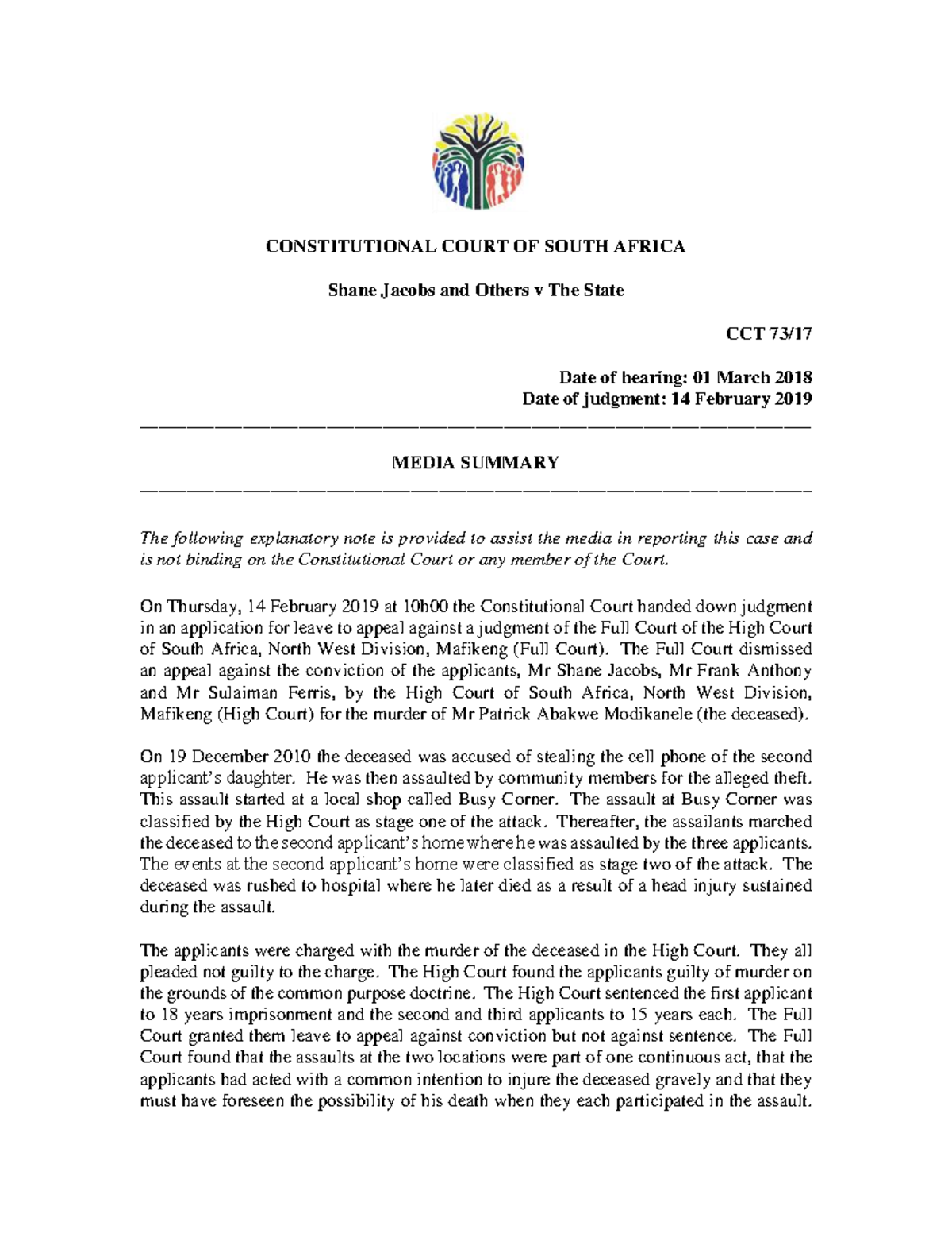 Jacobs v The State (CCT 73/2019): Case Summary & Judgment Review - Studocu