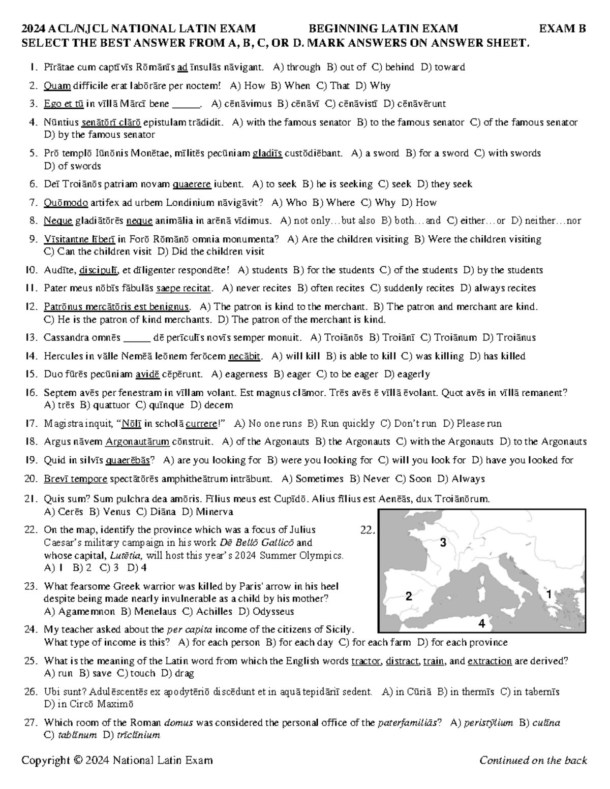 2024 ACL/NJCL National Latin Exam: Beginning Latin Exam B Questions ...