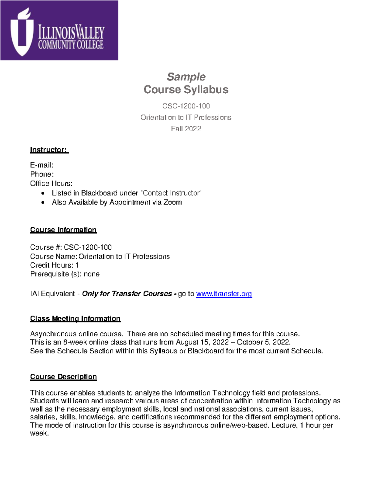Syllabus for Orientation to IT Professions (IT 101) - Fall 2022 - Studocu