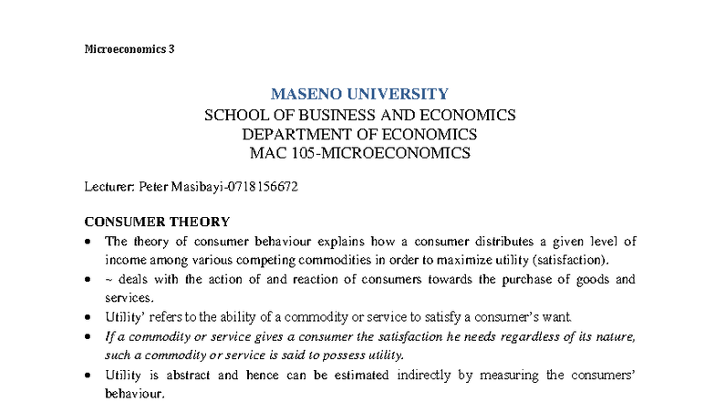 Microeconomics 3: Consumer Theory Overview and Analysis - Studocu
