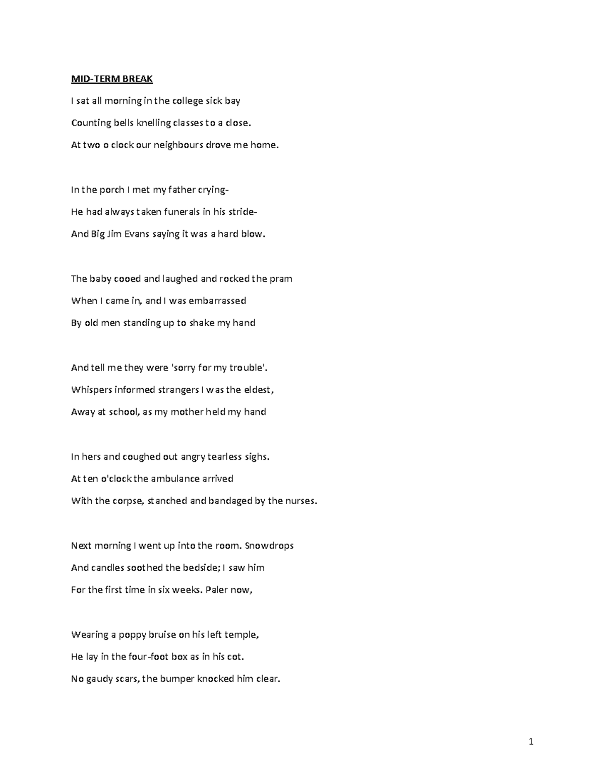 MID-TERM (ENG 202) Break - Analysis of Seamus Heaney's Poem - Studocu