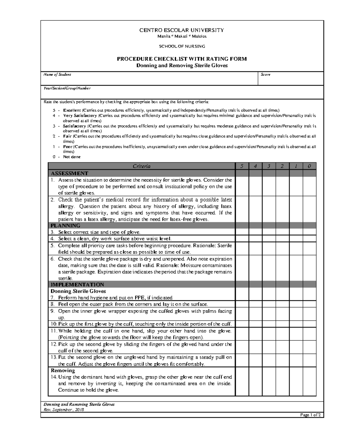 L1 - Nursing Procedure Checklist: Donning & Removing Sterile Gloves ...