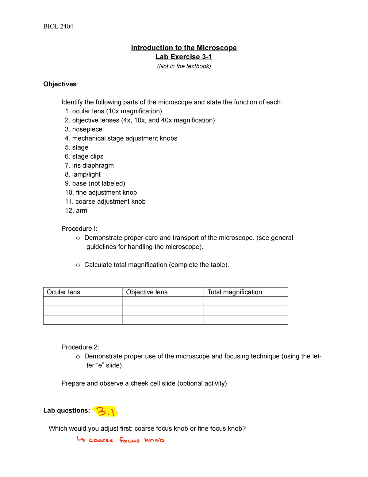 BIOL 2404 Lab Exercise: Mastering Microscope Techniques - Studocu
