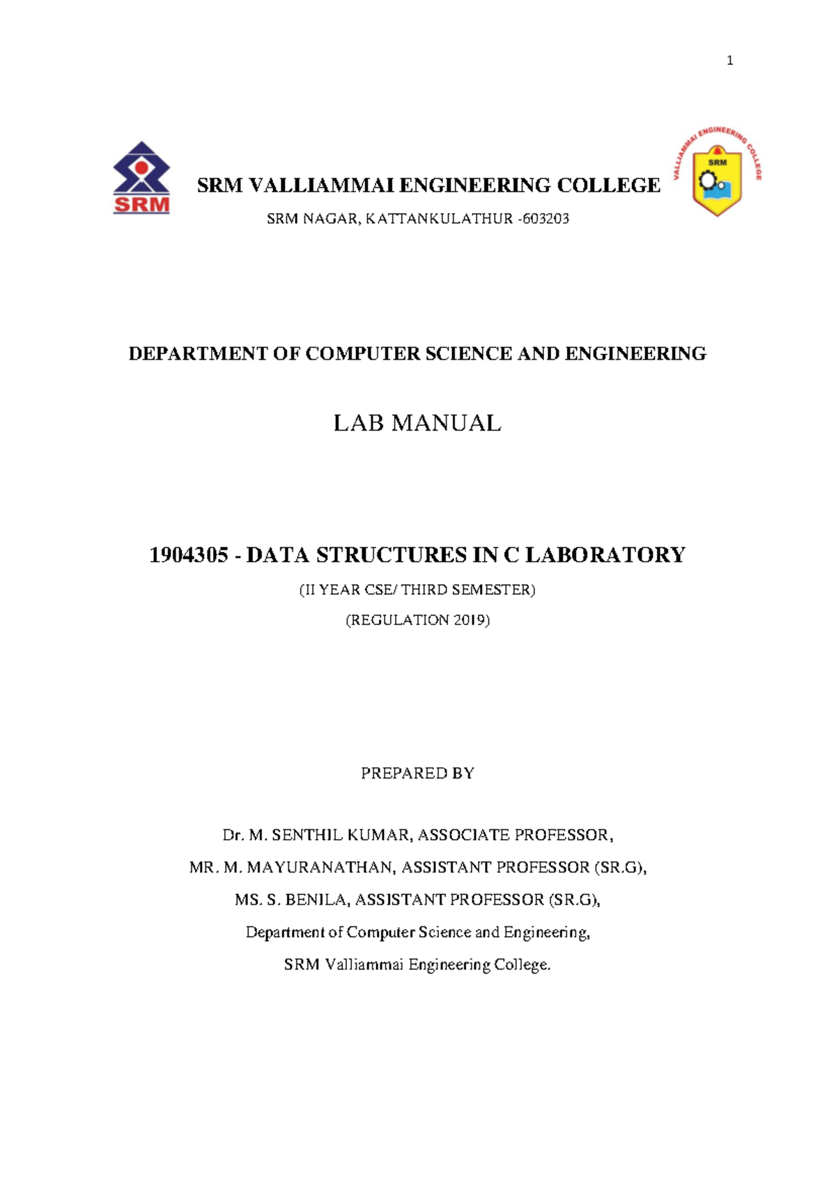 DS 1904305 Lab Manual: Data Structures in C (2nd Year CSE) - Studocu