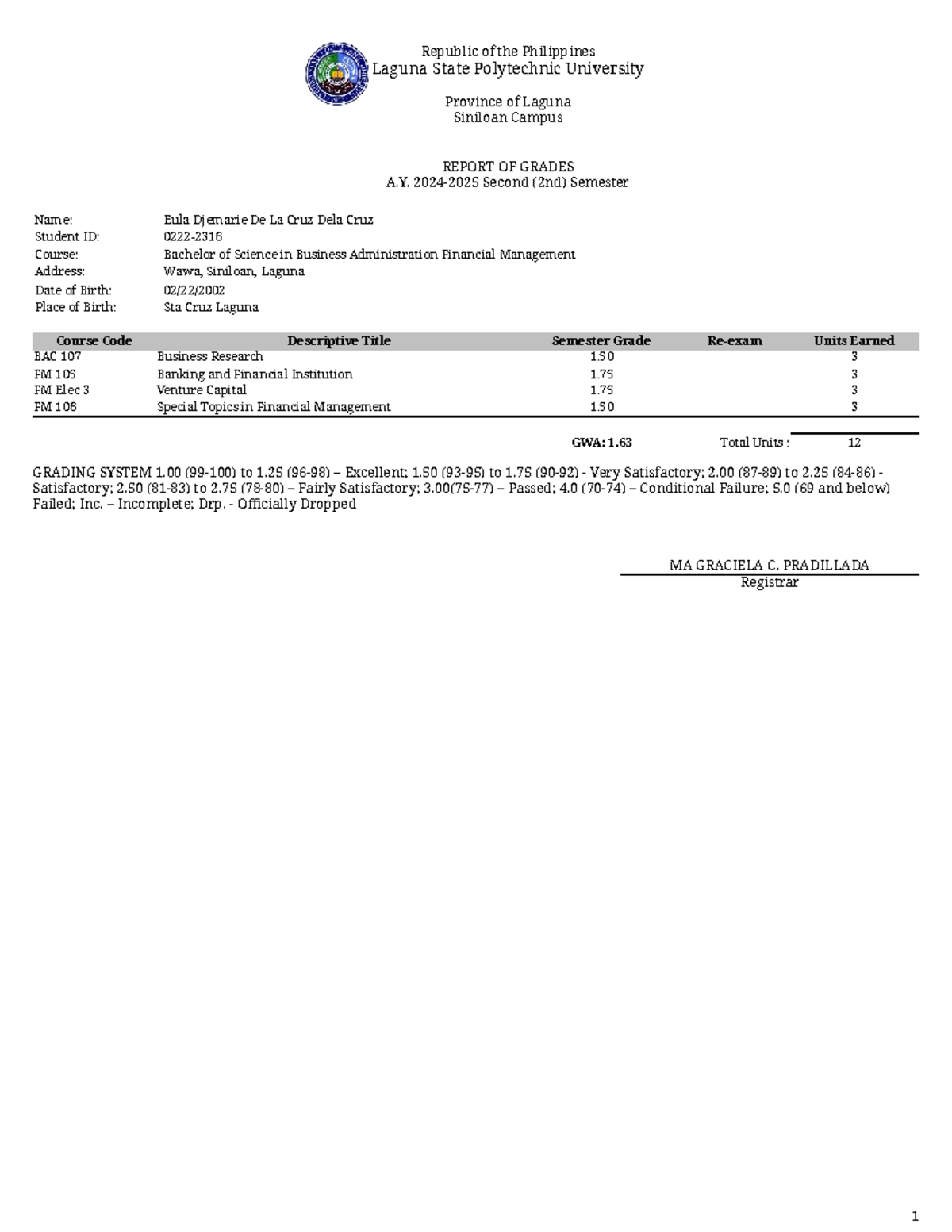 Grades Report for BAC 107 & FM 105 - 2nd Semester A.Y. 2023 - Studocu