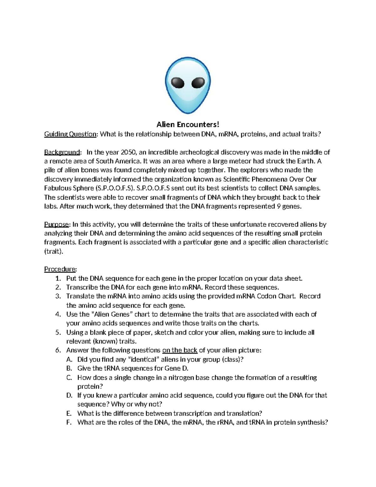Activity - Alien DNA Analysis - Traits & Genes - Studocu