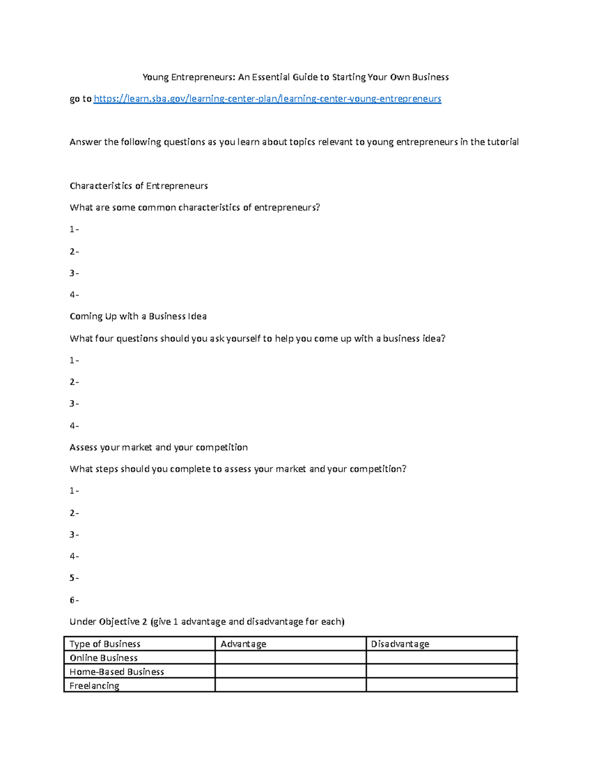 SBA Tutorial: Essential Guide for Young Entrepreneurs - Studocu