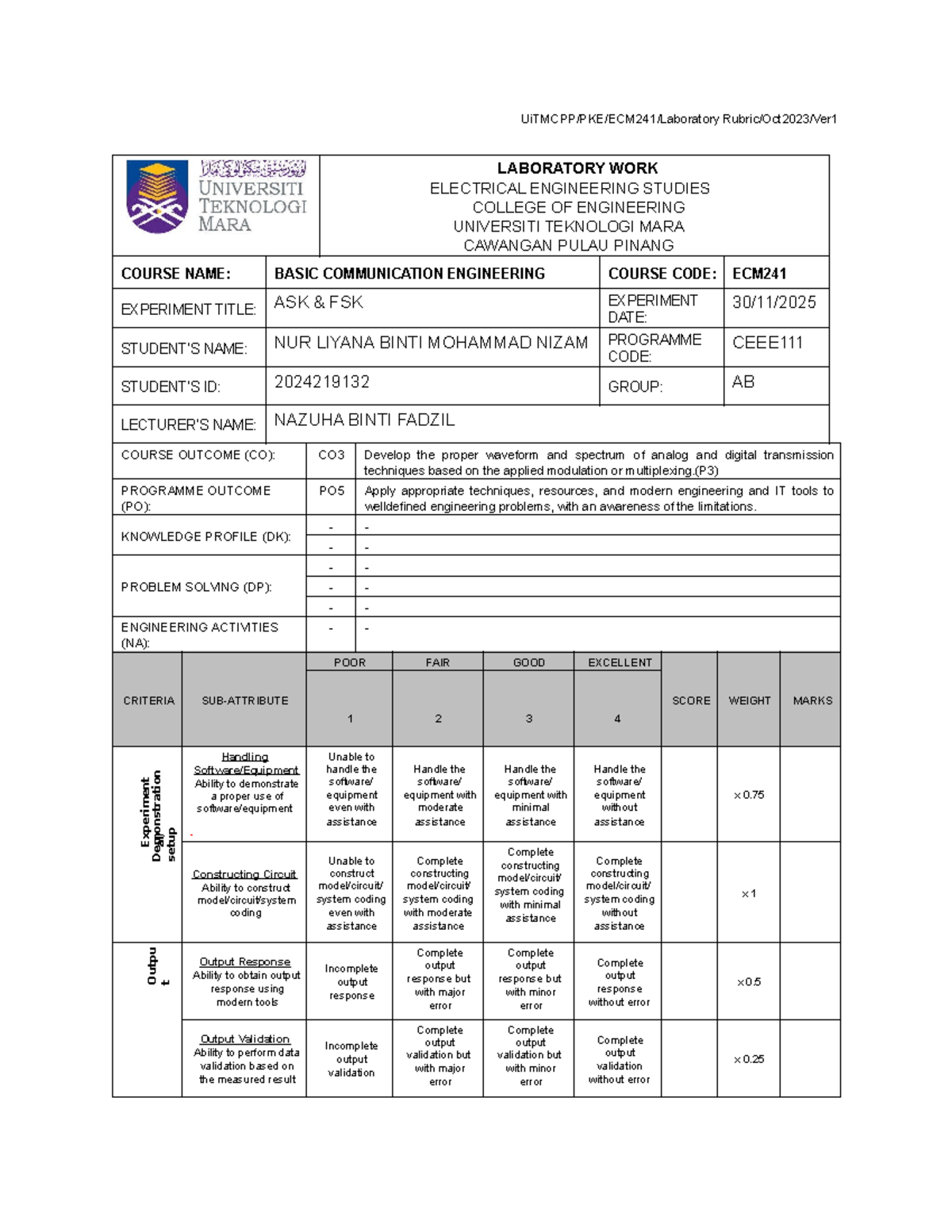LAB REPORT: ASK & FSK EXPERIMENT - ECM241 - Studocu