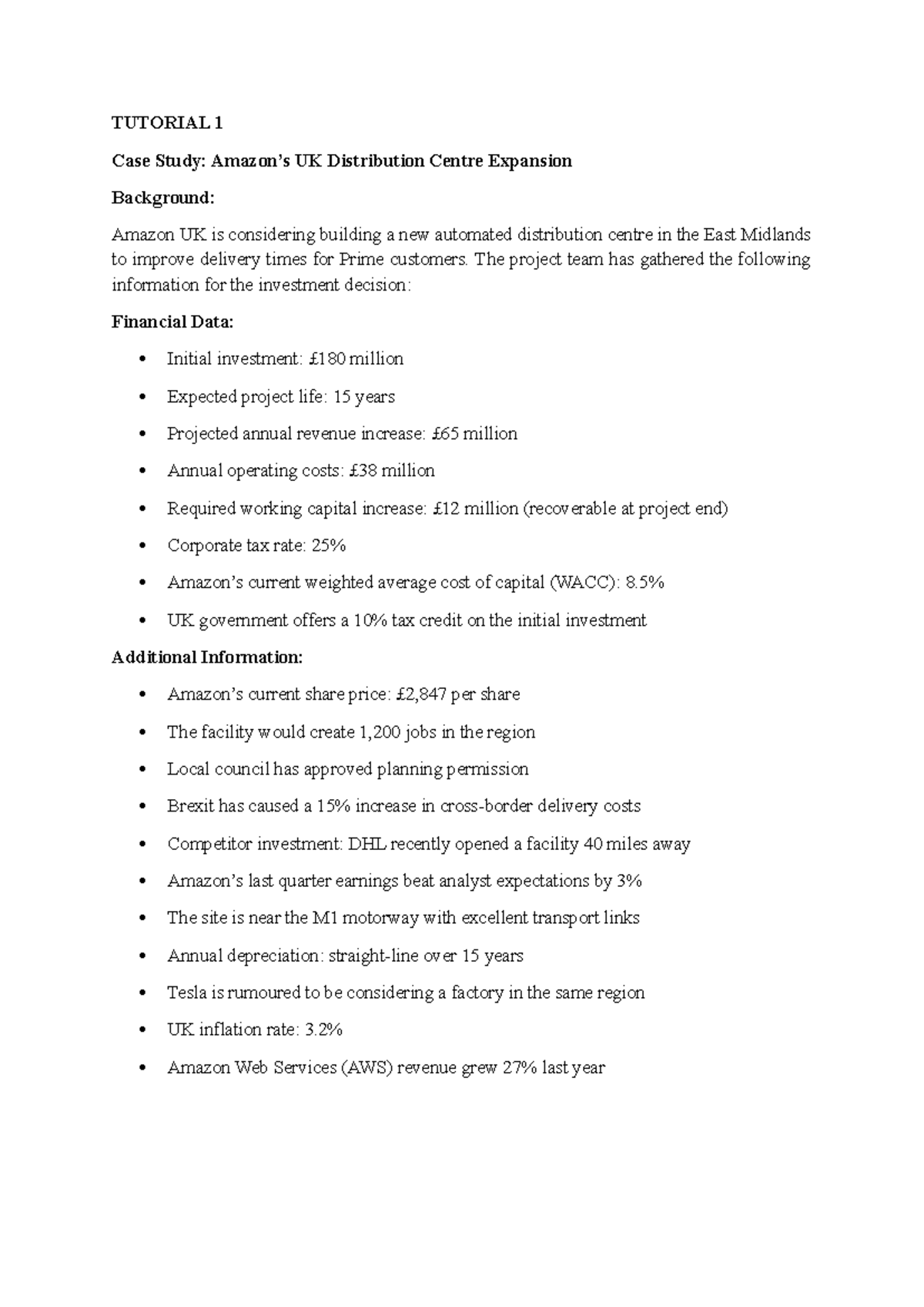 TUTORIAL 1 Case Study: Amazon UK Distribution Centre Investment ...