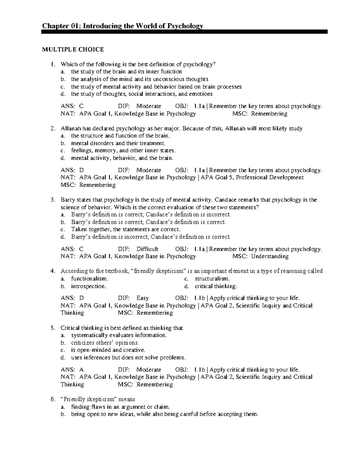 Chapter 01: Introduction to Psychology - Midterm Exam Question Bank - Studocu
