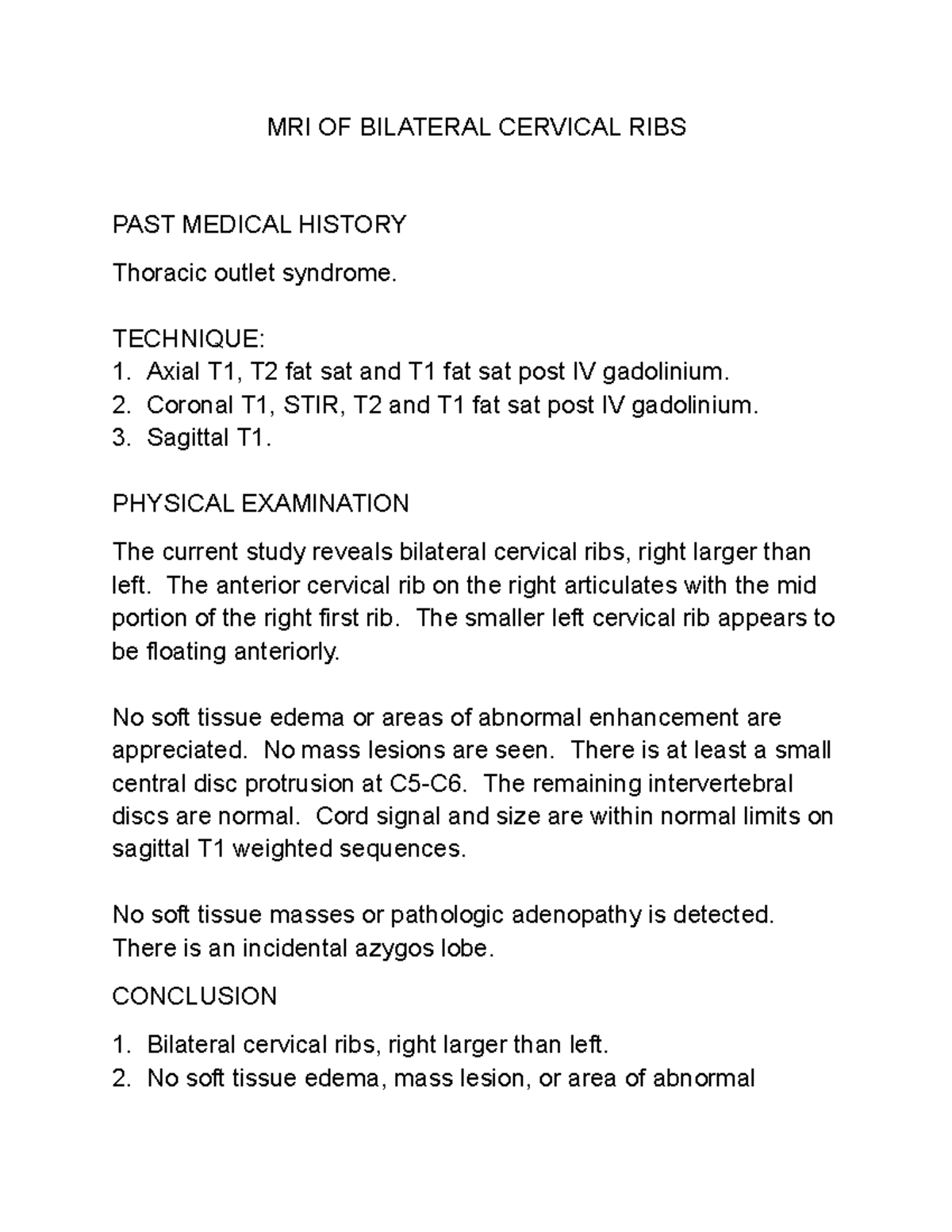 Bilateral cervical ribs MRI - MRI OF BILATERAL CERVICAL RIBS PAST ...