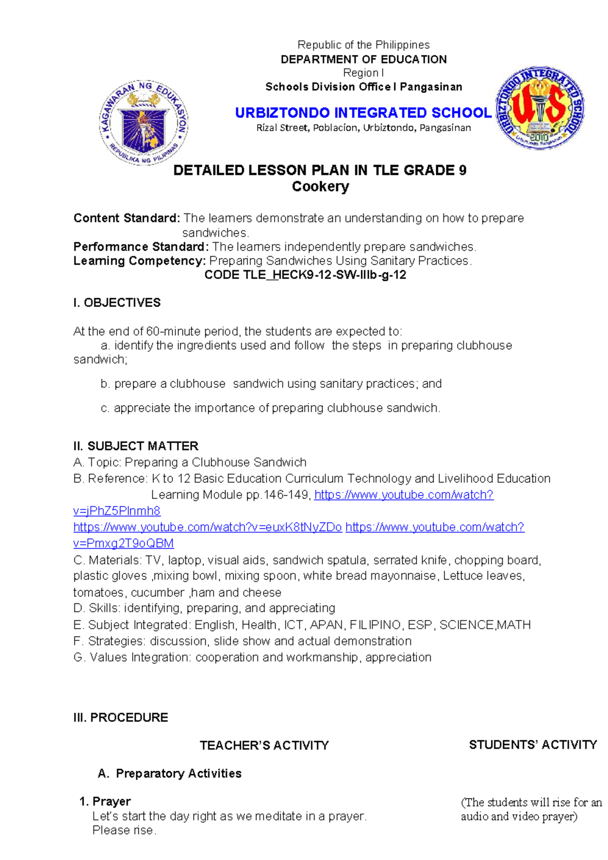 TLE9 Detailed Lesson Plan: Preparing Clubhouse Sandwiches - Studocu