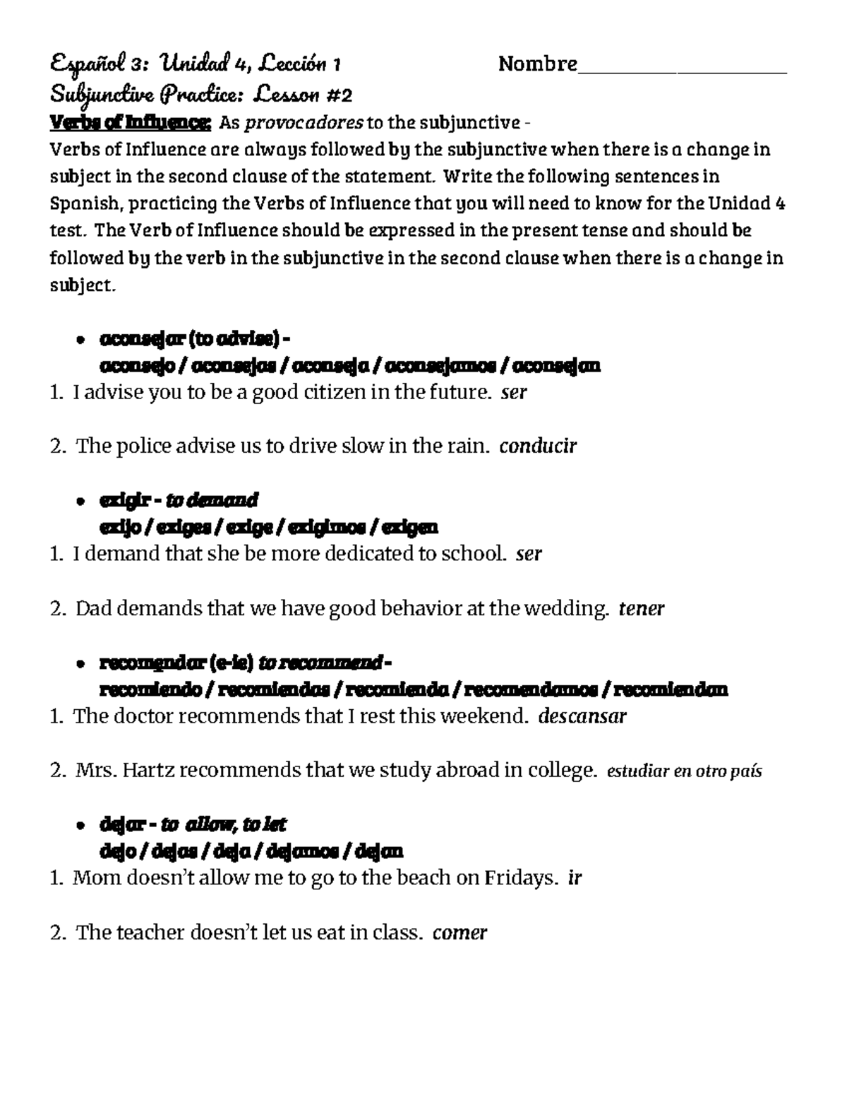 Español 3: Unidad 4, Lección 1 - Subjunctive Verbs of Influence ...