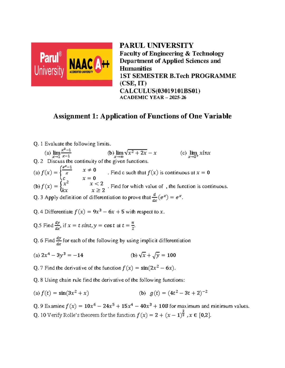 Assignment 1: Application of Functions in Calculus (03019101BS01) - Studocu