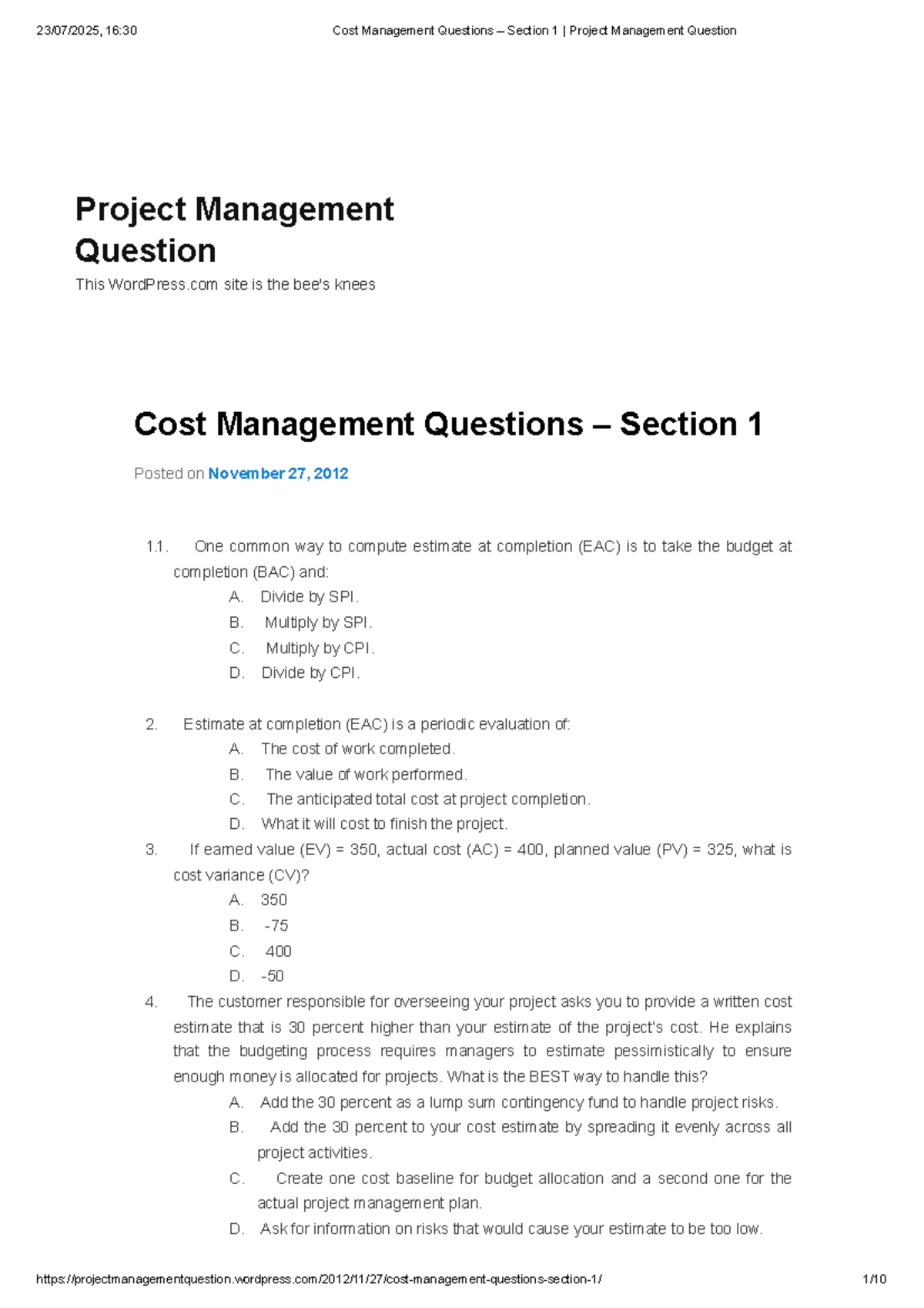 16:30 Cost Management Questions - Section 1 for Project Management ...