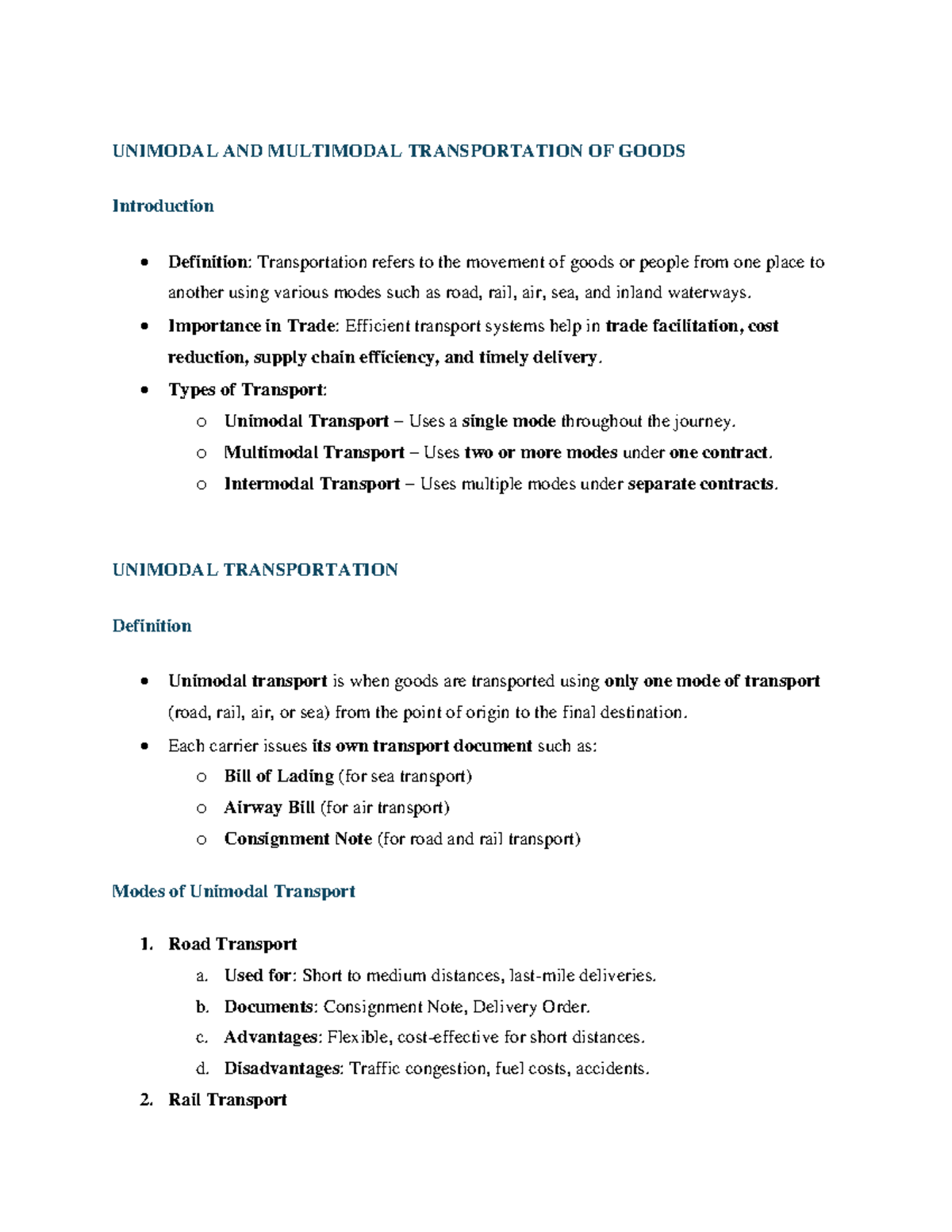 UNIMODAL AND MULTIMODAL TRANSPORTATION OF GOODS: A Comprehensive ...