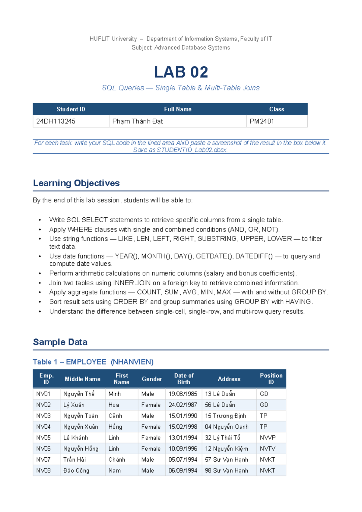 Lab02 SQL Queries: Single Table Joins for Advanced Databases (PM2401 ...
