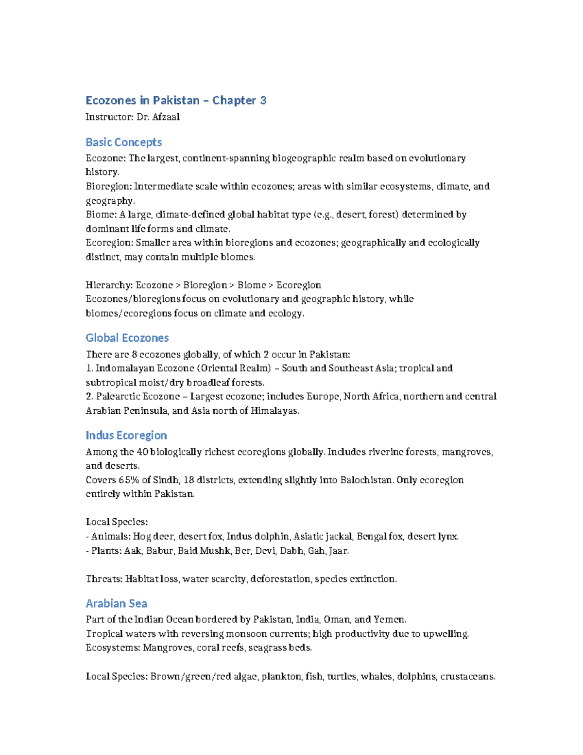 Ecozones in Pakistan: Chapter 3 Overview and Key Concepts - Studocu