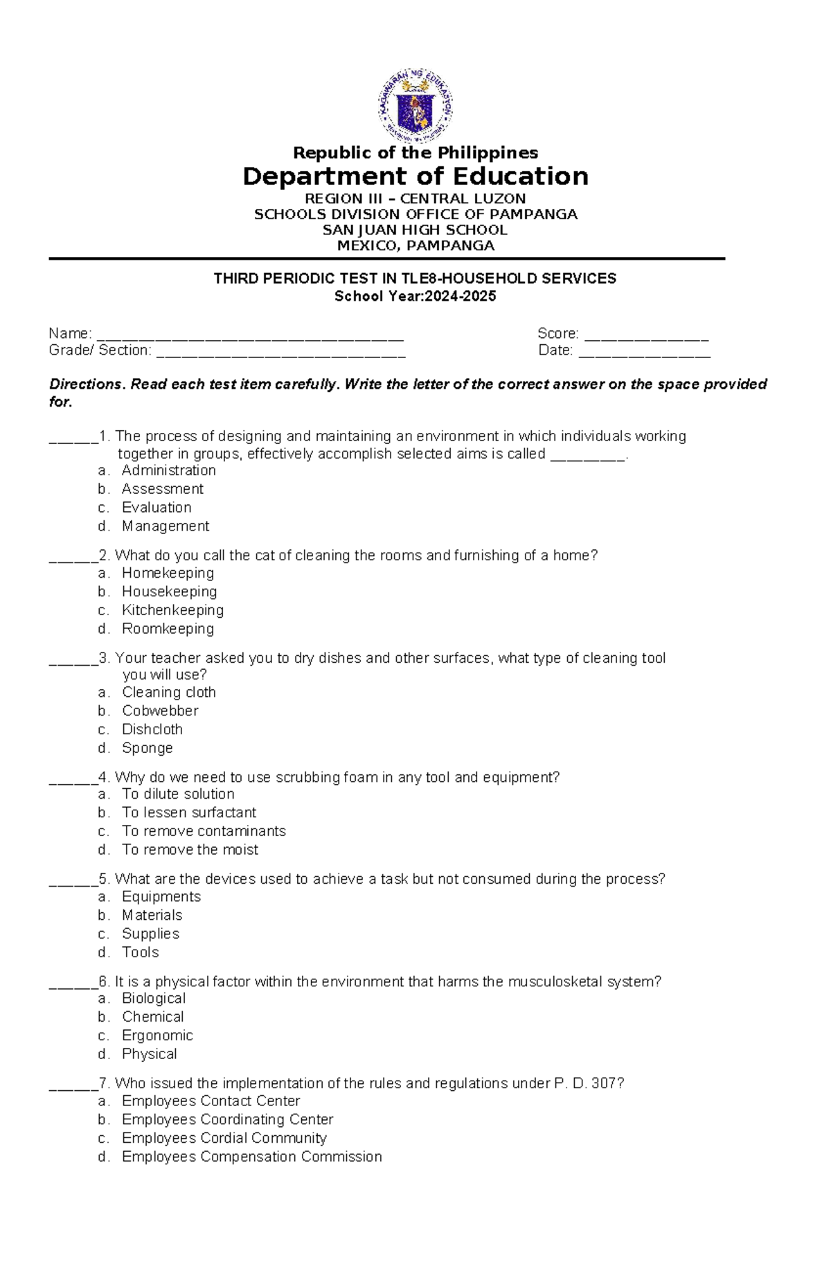 3rd Quarter-G8 EXAM HHS - Republic of the Philippines Department of ...