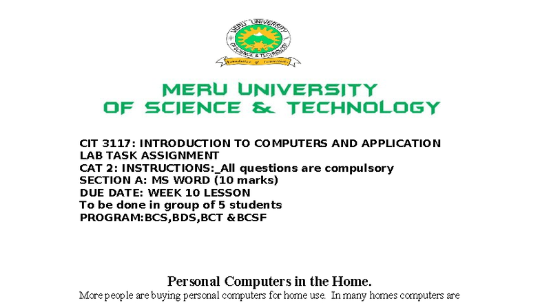 CIT 3117: Lab Task Assignment CAT 2 - MS Word & Excel Instructions ...