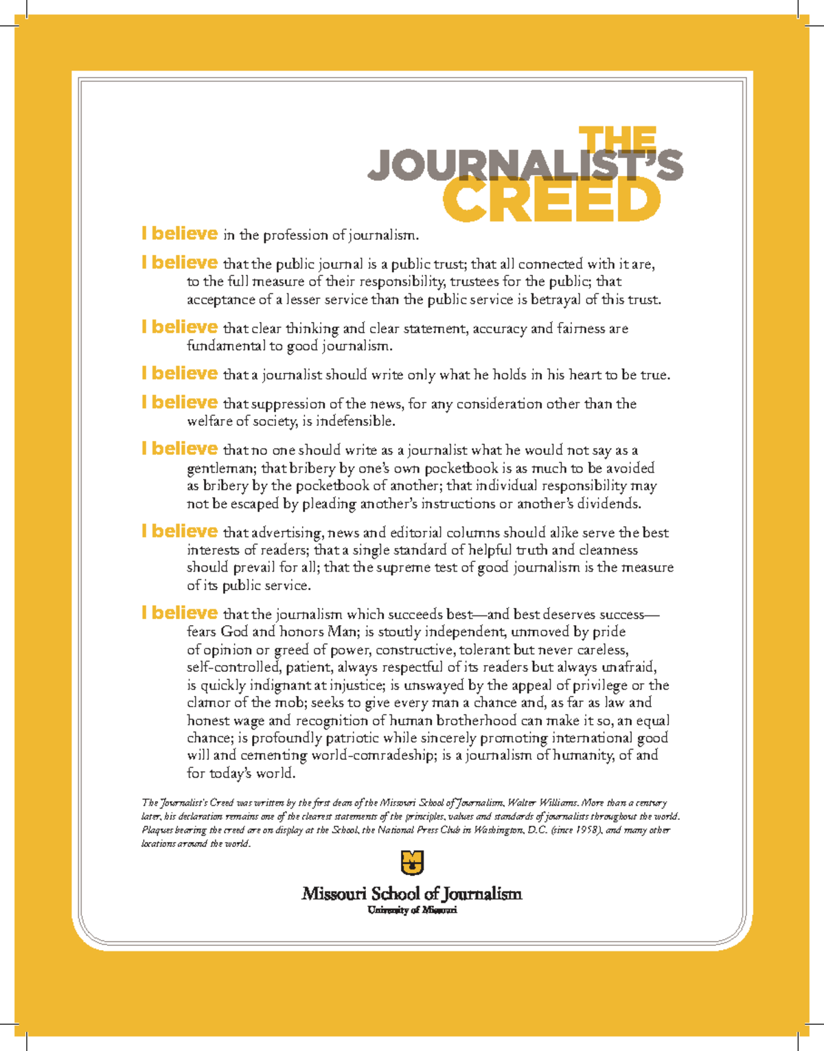 Journalists' Creed: Principles of Ethical Journalism - Studocu