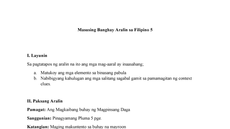 DLP FIL 5: Masusing Banghay Aralin sa Pabula at Salitang Sagabal - Studocu