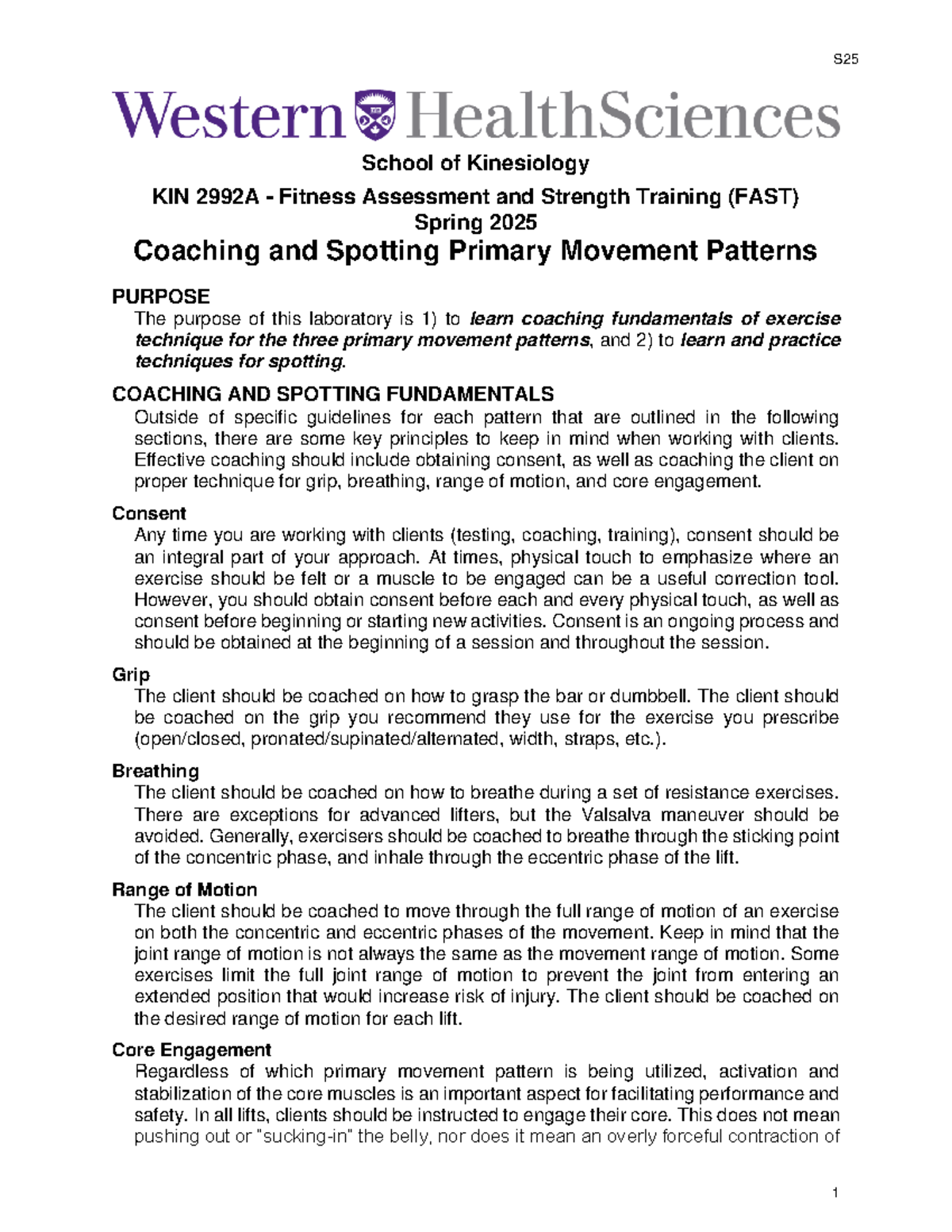 KIN 2992A Lab 1: Coaching & Spotting Primary Movement Patterns - Studocu