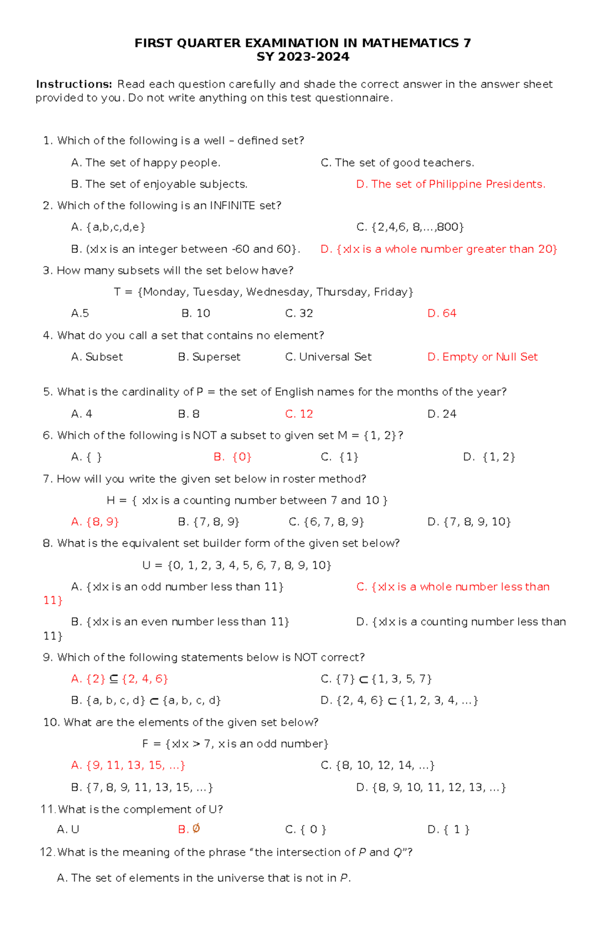 MATH-7- Quarter-EXAM KEY - FIRST QUARTER EXAMINATION IN MATHEMATICS 7 ...
