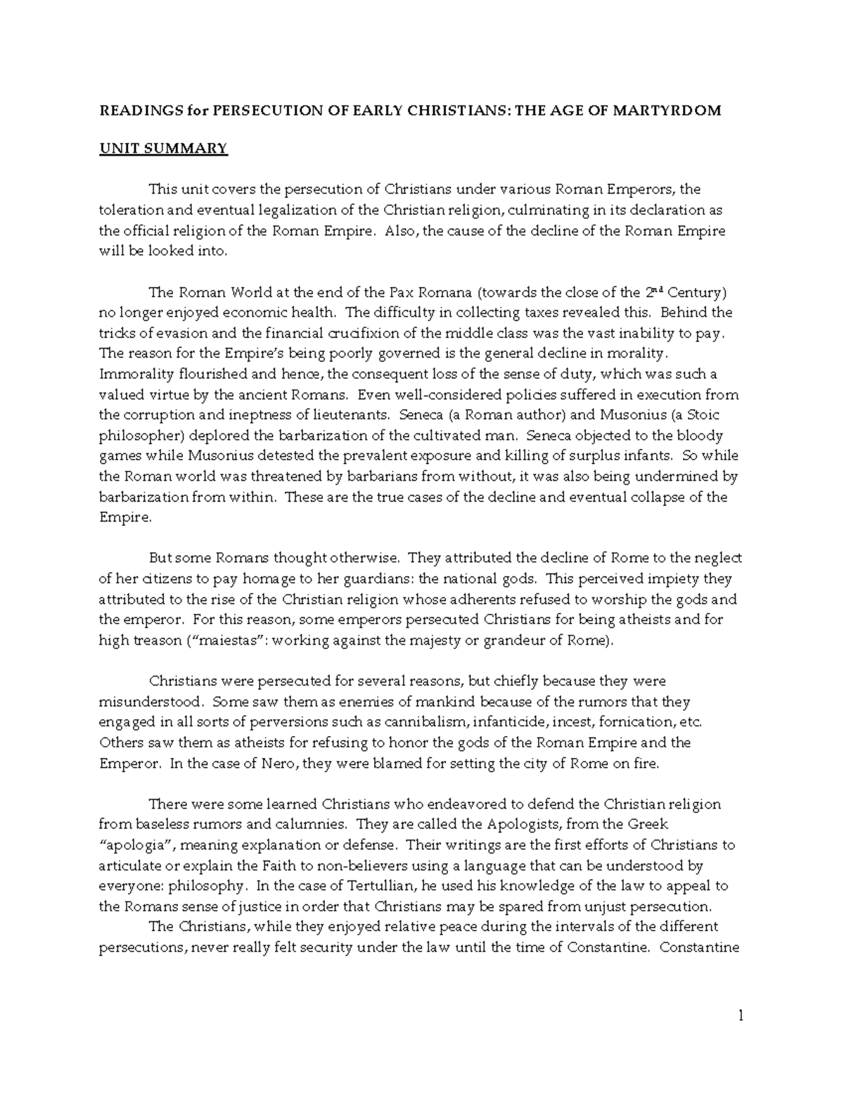 Readings for Persecution OF Early Christians - READINGS for PERSECUTION ...