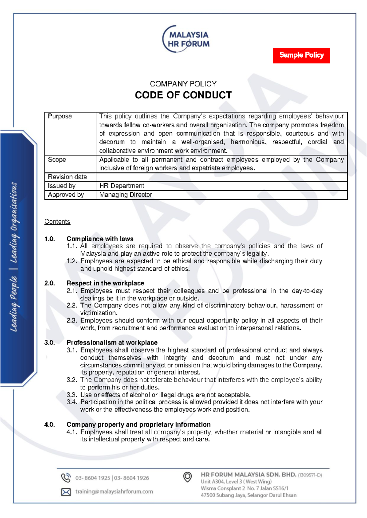 COMPANY CODE OF CONDUCT POLICY: Guidelines & Expectations - Studocu