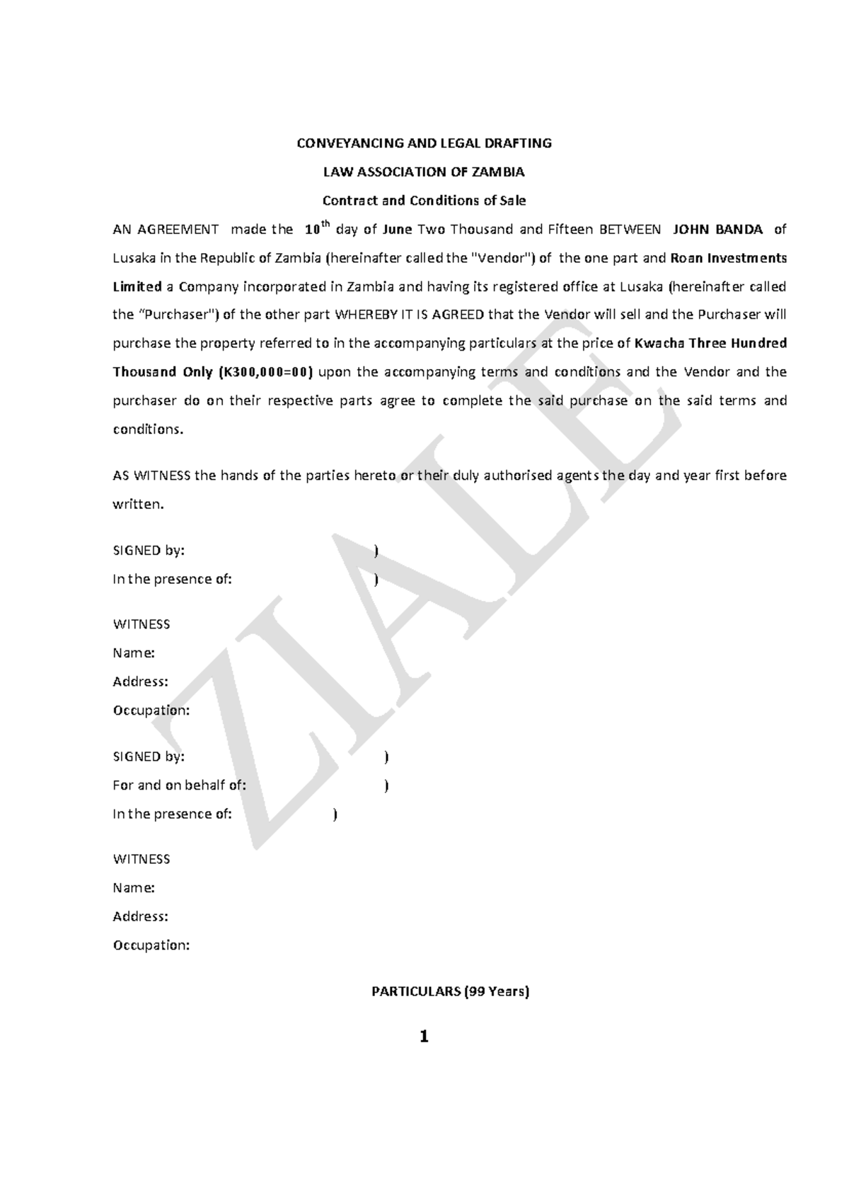 CONVEYANCING AND LEGAL DRAFTING LAW 101: Contract & Conditions of Sale ...