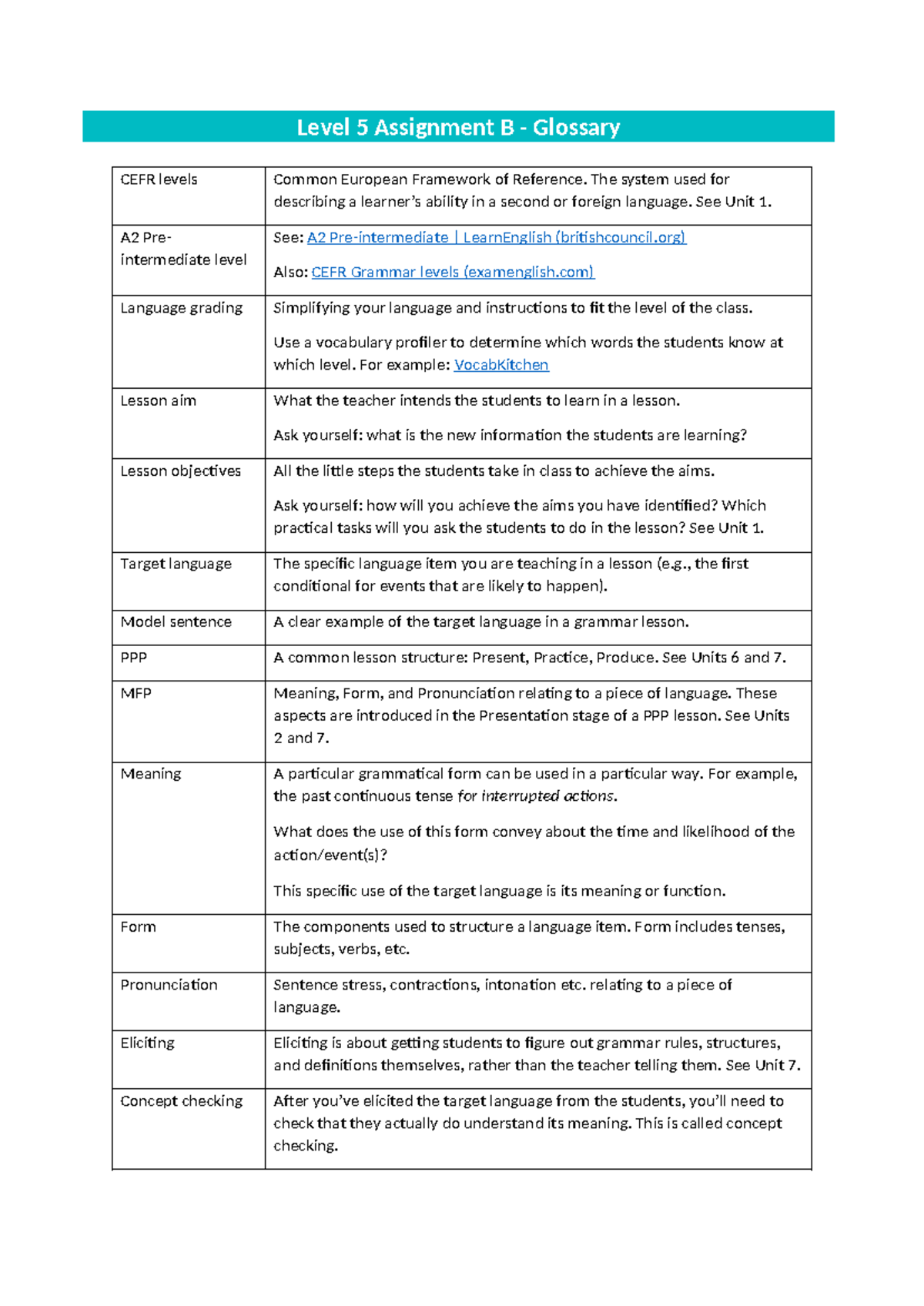 Level 5 Assignment B: TEFL Glossary of CEFR Language Terms - Studocu