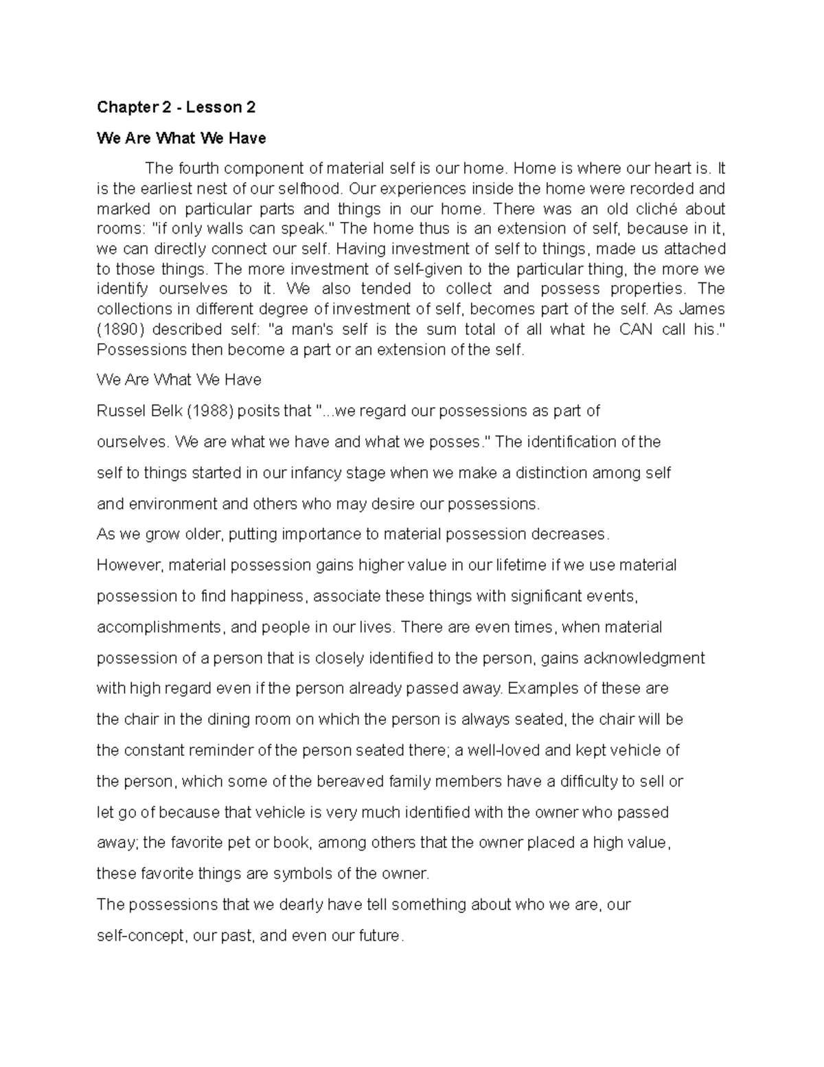 Chapter 2 - Lesson 2: We Are What We Have - Material Self and Identity ...