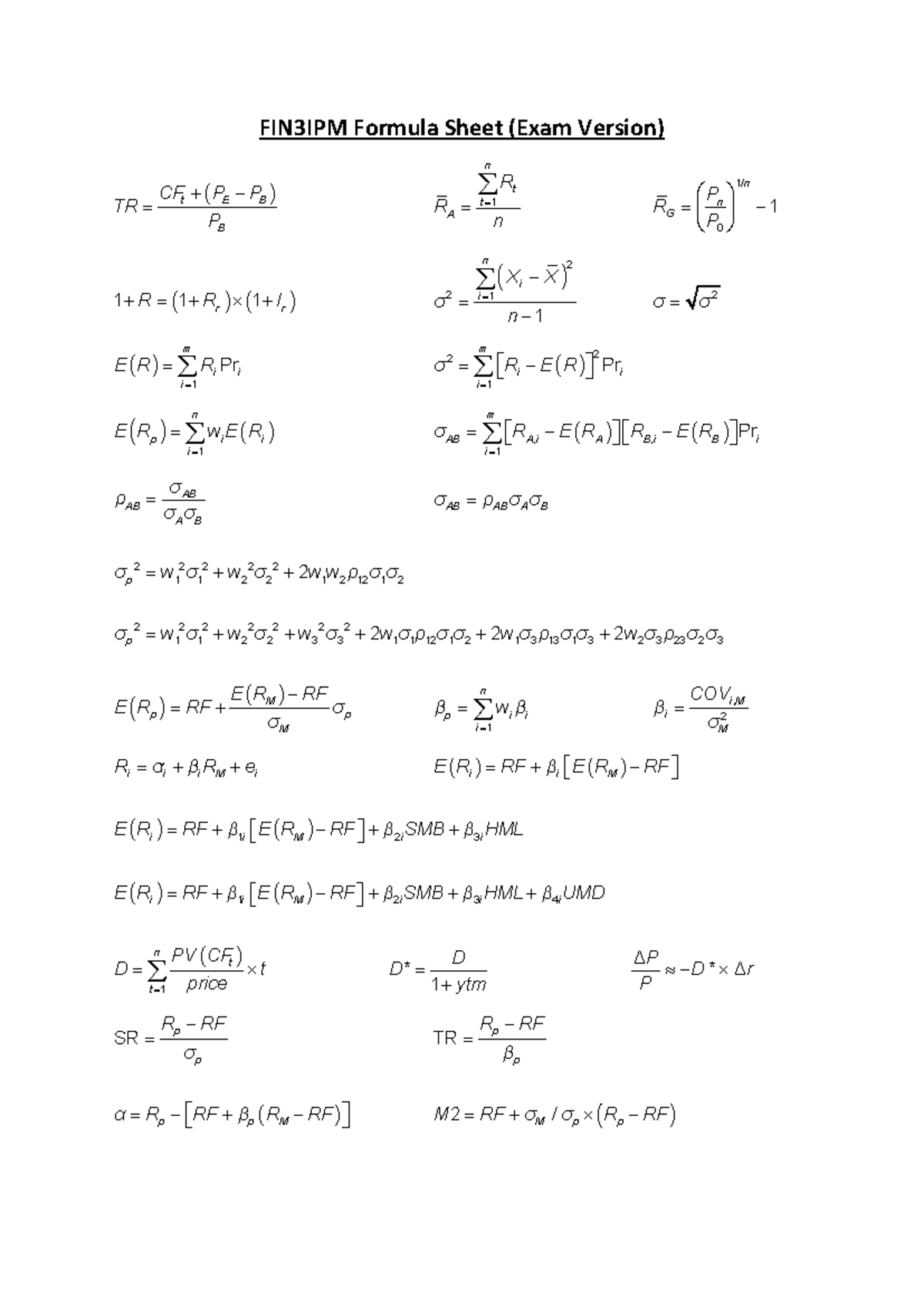 FIN3IPM Formula Sheet for Exam Preparation - Studocu