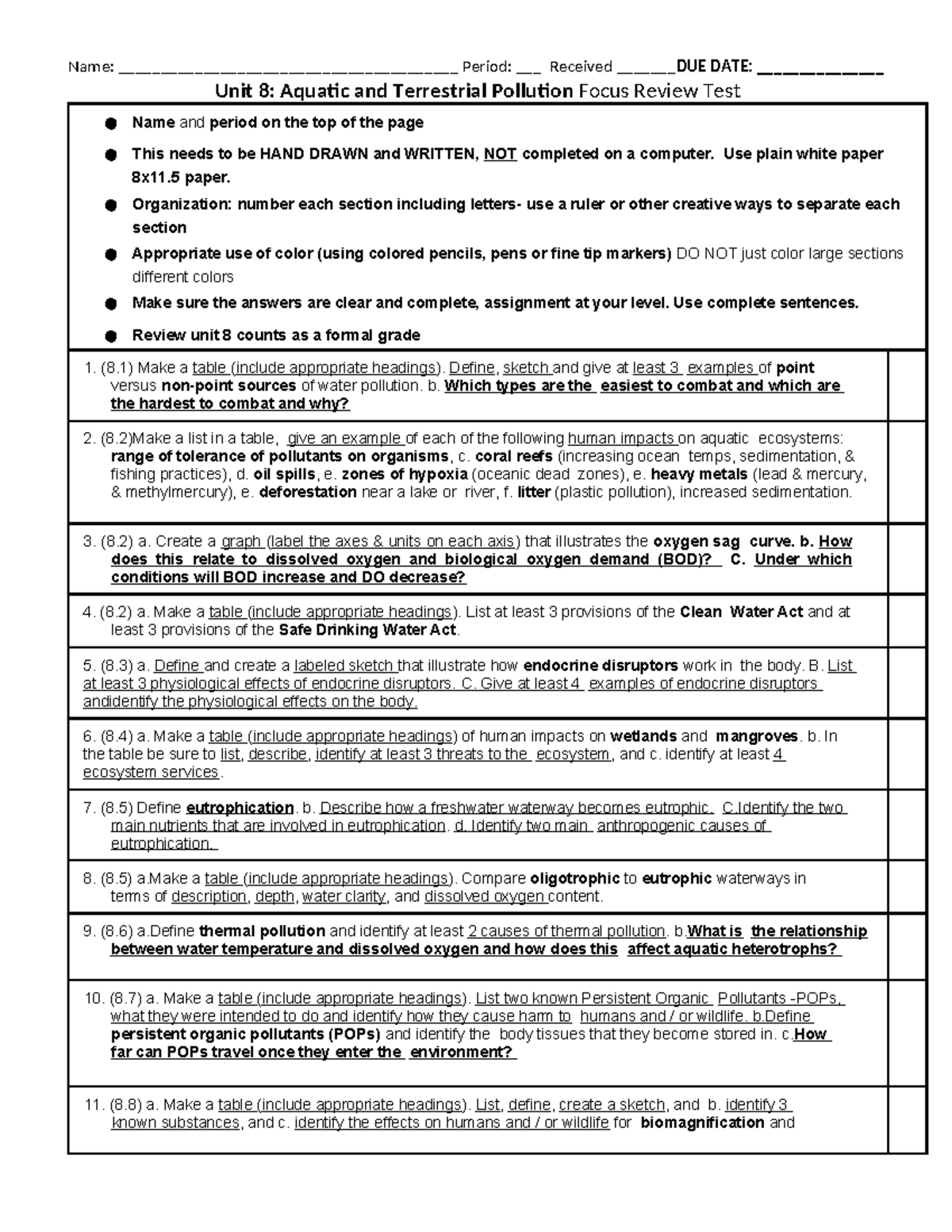 Unit 8: Aquatic & Terrestrial Pollution Focus Review Test - Studocu