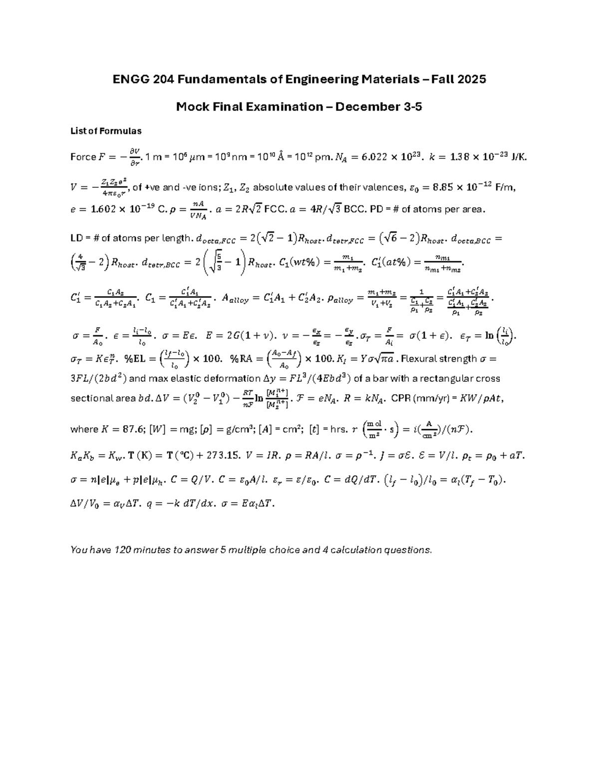 ENGG 204 Mock Final Exam Formula List - Fall 2025 - Studocu