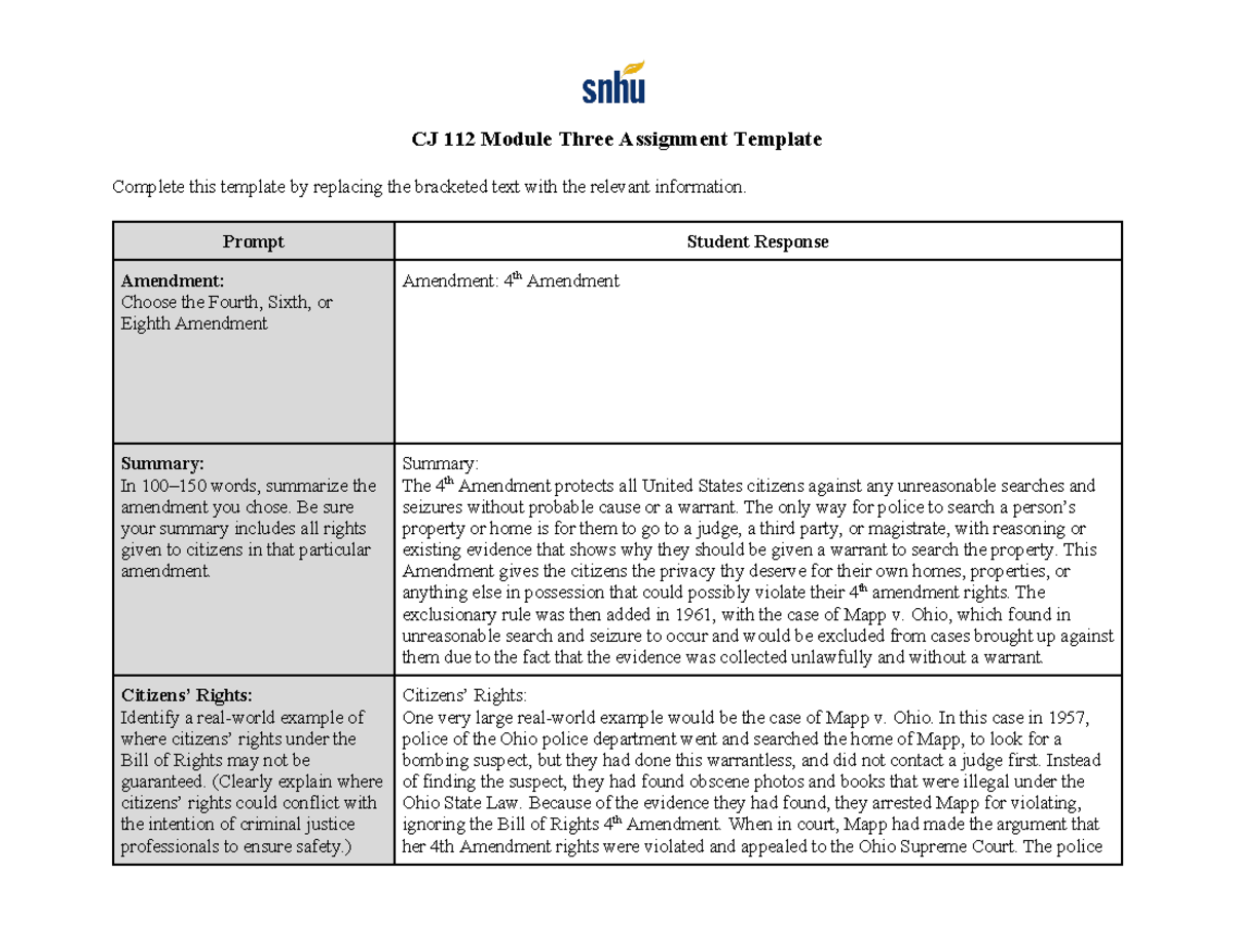 CJ 112 Module 3 Assignment: Analysis of the 4th Amendment Rights - Studocu